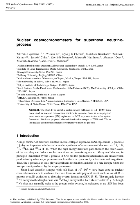 (PDF) Nuclear cosmochronometers for supernova neutrino-process | Heamin ...