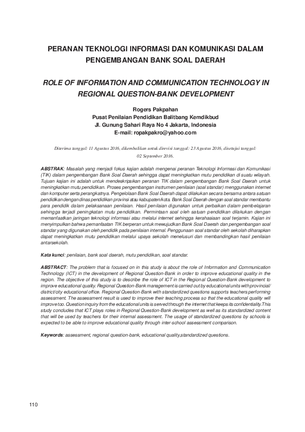 (PDF) Peranan Teknologi Informasi Dan Komunikasi Dalam Pengembangan Bank Soal Daerah