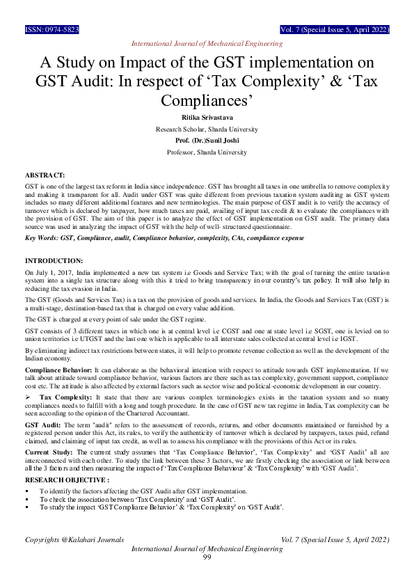 (PDF) A Study on Impact of the GST implementation on GST Audit: In respect of 'Tax Complexity ...