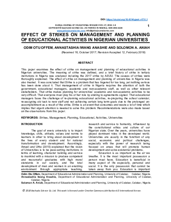 (PDF) Effect of strikes on management and planning of educational ...