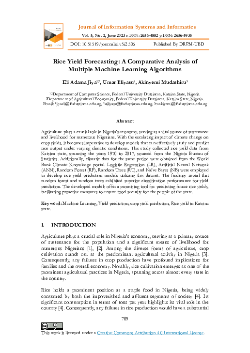 Pdf Rice Yield Forecasting A Comparative Analysis Of Multiple Machine Learning Algorithms 