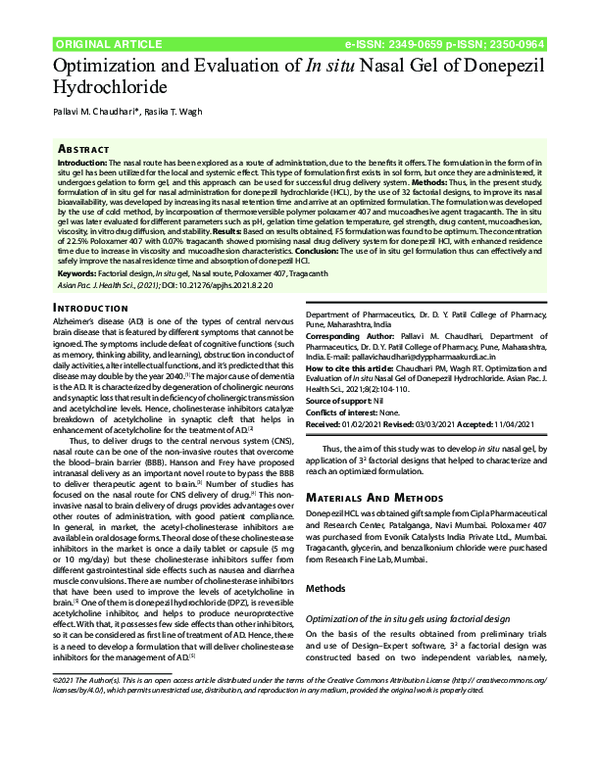(PDF) Optimization and Evaluation of In situ Nasal Gel of Donepezil Hydrochloride