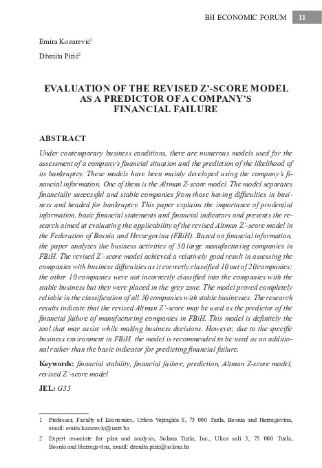 (PDF) Evaluation of the revised Z'-score model as a predictor of a ...