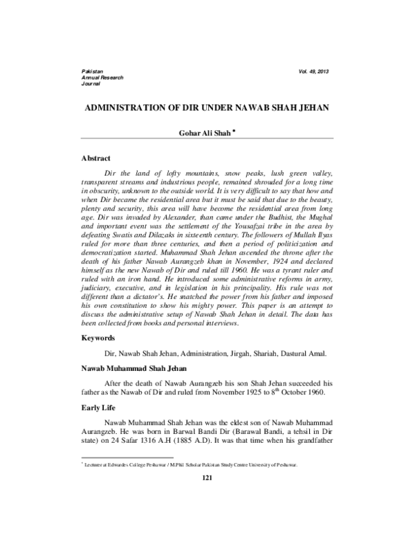 (PDF) Administration of Dir Under Nawab Shah Jehan