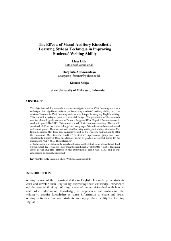 (PDF) The Effects of Visual Auditory Kinesthetic Learning Style as Technique in Improving ...