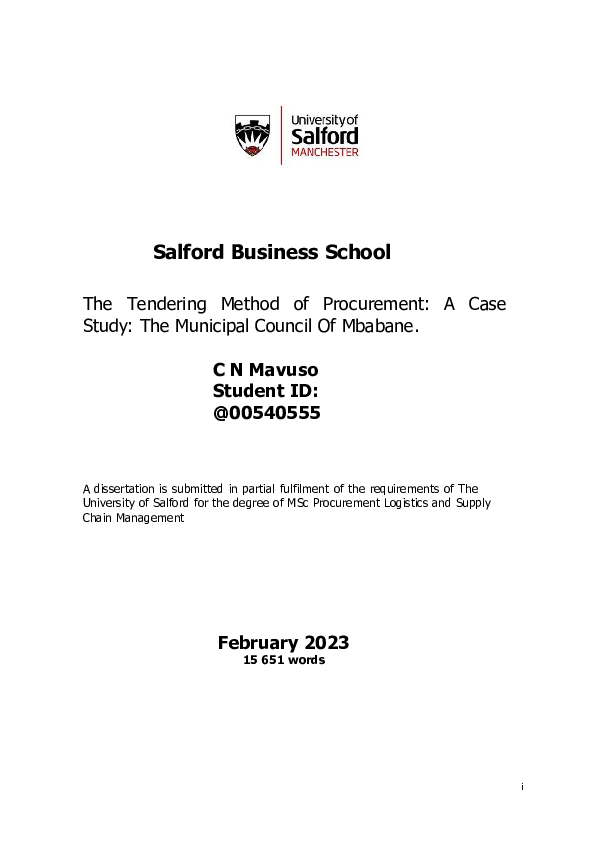 (DOC) The Tendering Method of Procurement: A Case Study: The Municipal ...