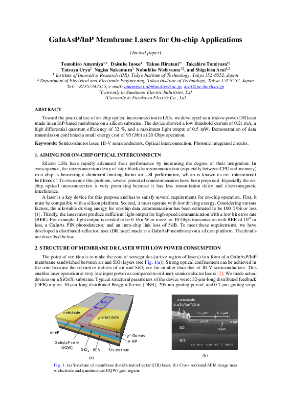 (PDF) GaInAsP / InP Membrane Lasers for On-chip Applications ( Invited paper )