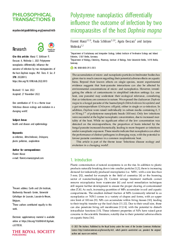 (PDF) Polystyrene nanoplastics differentially influence the outcome of infection by two ...