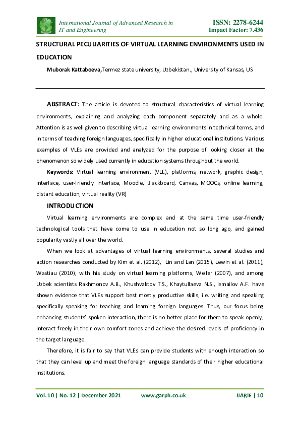 (PDF) STRUCTURAL PECULIARITIES OF VIRTUAL LEARNING ENVIRONMENTS USED IN EDUCATION