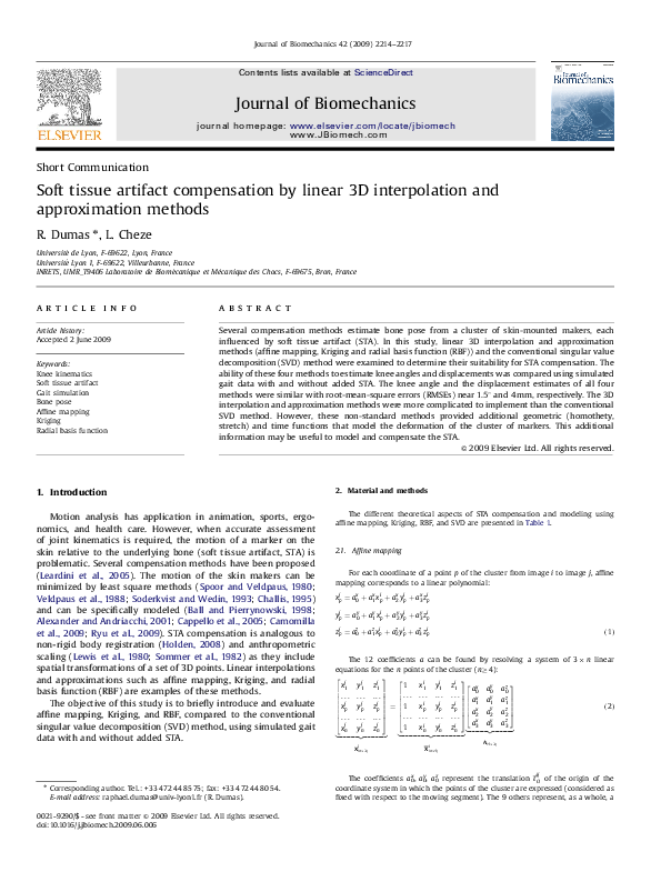 Pdf Soft Tissue Artifact Compensation By Linear 3d Interpolation And Approximation Methods