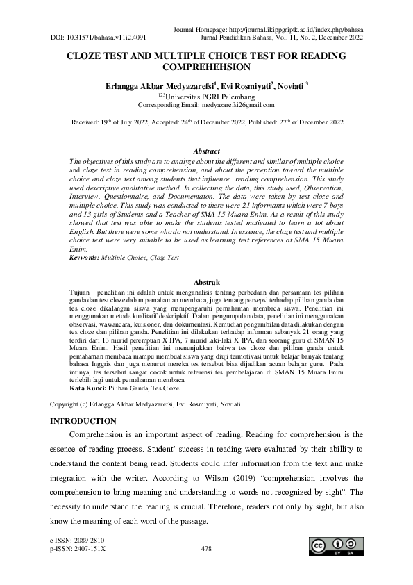 (PDF) Cloze Test and Multiple Choice Test for Reading Comprehension