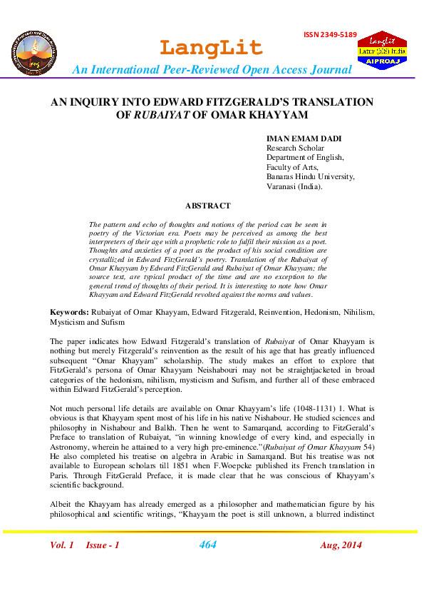 (PDF) An Inquiry Into Edward Fitzgerald's Translation of Rubaiyat of ...