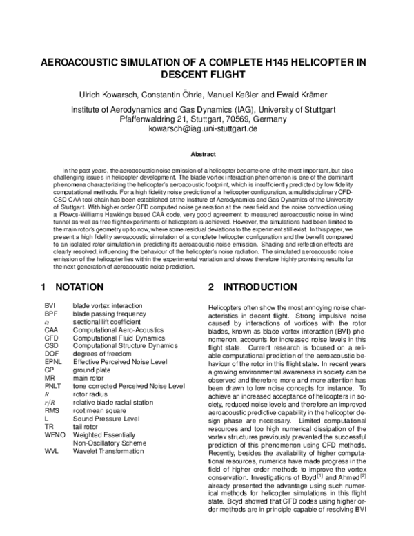 (PDF) Aeroacoustic Simulation of a Complete H145 Helicopter in Descent Flight