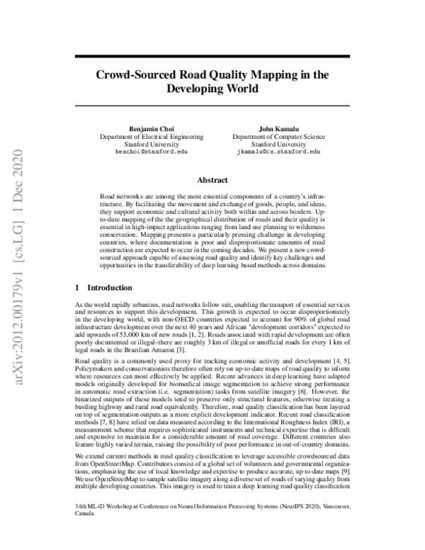 (PDF) Crowd-Sourced Road Quality Mapping in the Developing World