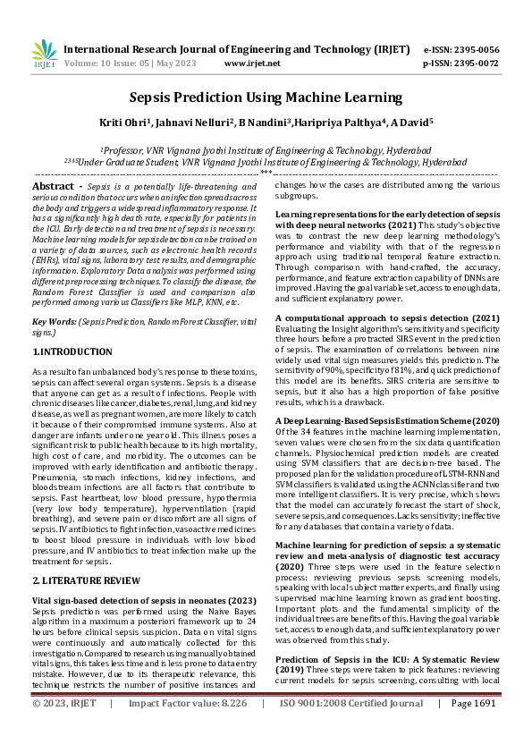 Pdf Sepsis Prediction Using Machine Learning