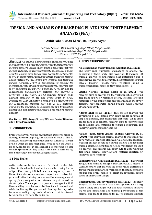 (PDF) "DESIGN AND ANALYSIS OF BRAKE DISC PLATE USING FINITE ELEMENT ...