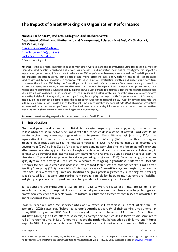 (PDF) The Impact of Smart Working on Organization Performance