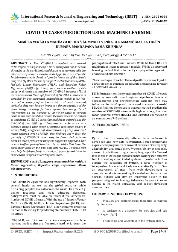 (PDF) COVID-19 CASES PREDICTION USING MACHINE LEARNING