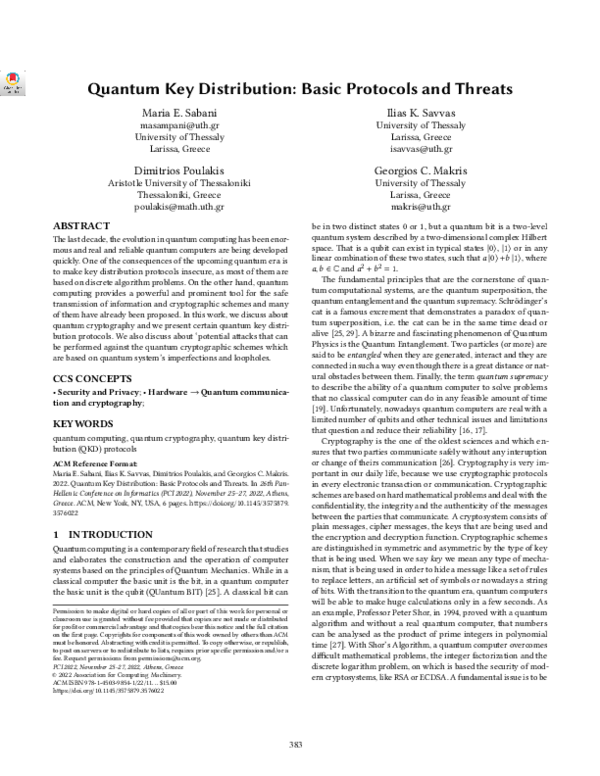 (PDF) Quantum Key Distribution: Basic Protocols and Threats