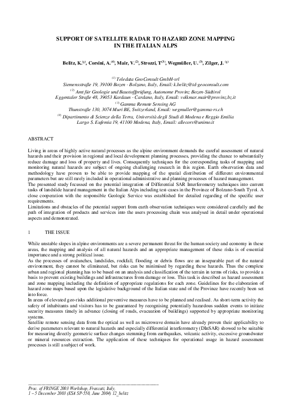 (PDF) Support of satellite radar to hazard zone mapping in the Italian Alps