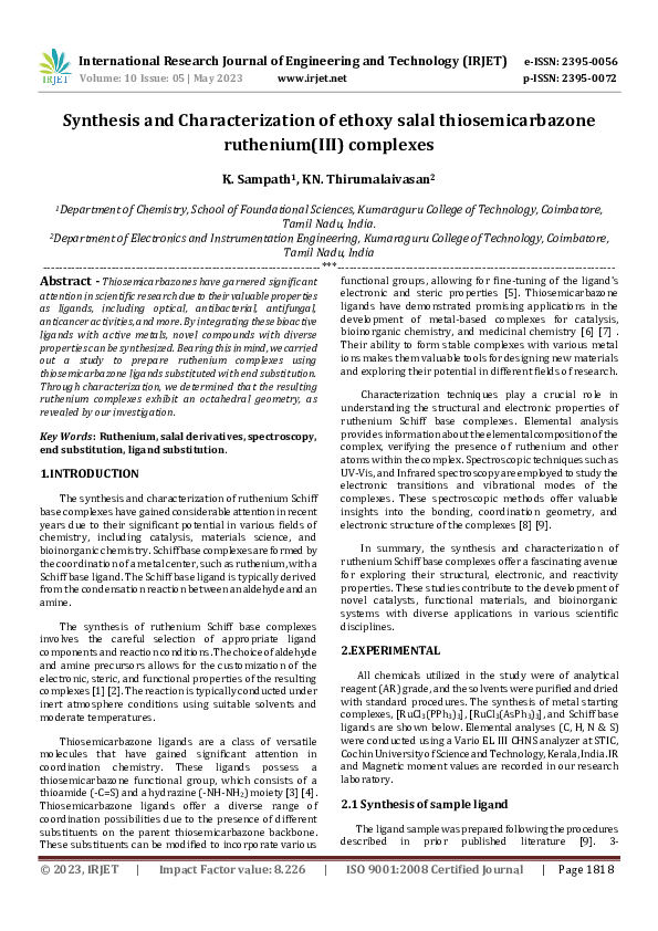 (PDF) Synthesis and Characterization of ethoxy salal thiosemicarbazone ruthenium(III) complexes