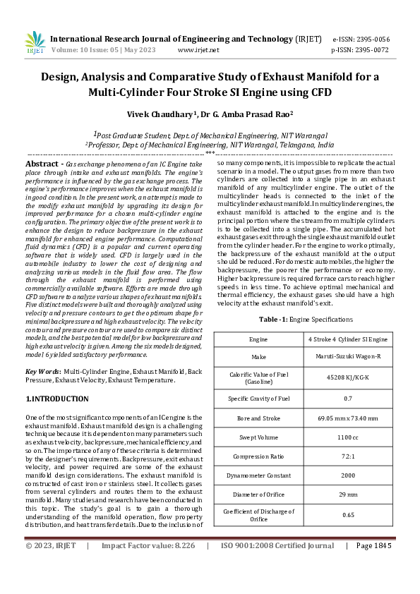 (PDF) Design, Analysis and Comparative Study of Exhaust Manifold for a Multi-Cylinder Four ...
