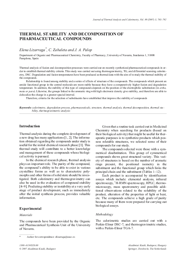 (PDF) Thermal stability and decomposition of pharmaceutical compounds