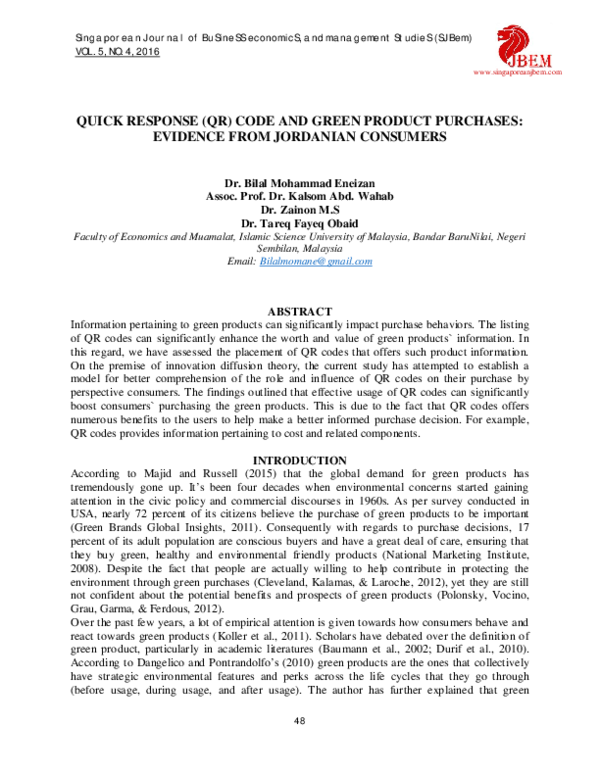 (PDF) Quick Response (QR) Code and Green Product Purchases: Evidence From Jordanian Consumers
