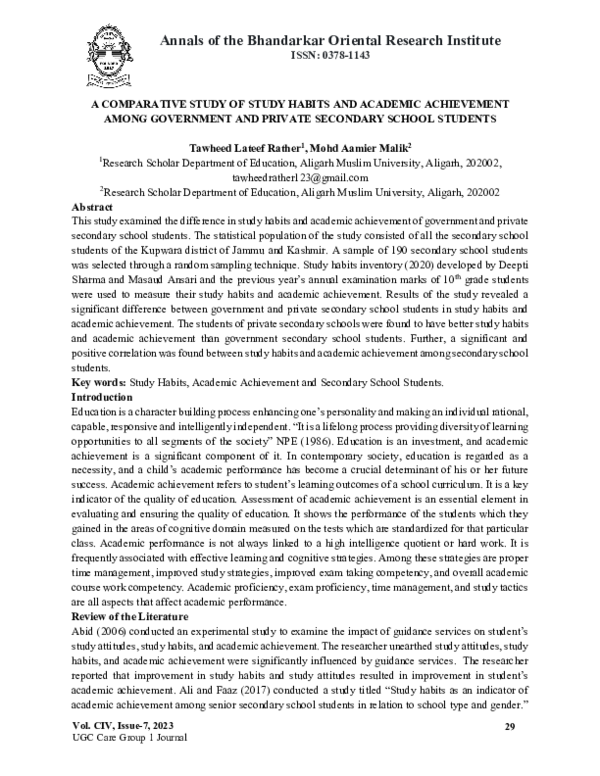 (PDF) A comparative study of study habits and academic achievement ...