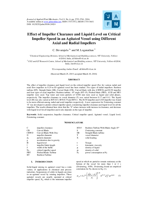 (PDF) Effect of Impeller Clearance and Liquid Level on Critical ...
