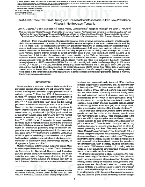 Test-Treat-Track-Test-Treat Strategy for Control of Schistosomiasis in ...