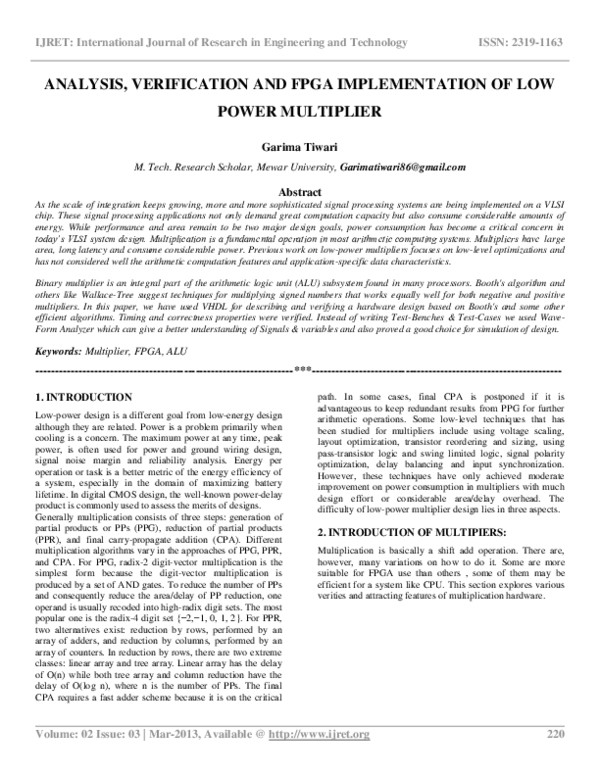 Pdf Analysis Verification And Fpga Implementation Of Low Power Multiplier Garima Tiwari