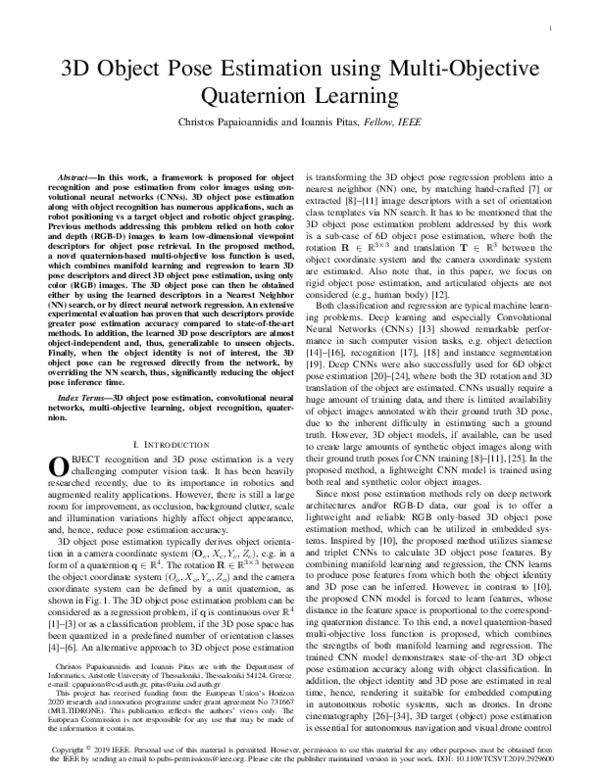 (PDF) 3D Object Pose Estimation Using Multi-Objective Quaternion Learning
