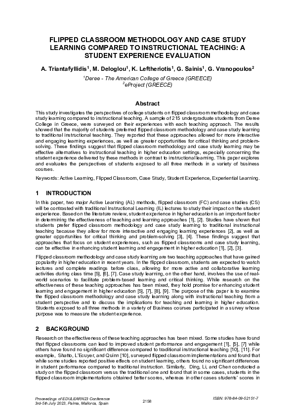 (PDF) FLIPPED CLASSROOM METHODOLOGY AND CASE STUDY LEARNING COMPARED TO INSTRUCTIONAL TEACHING ...