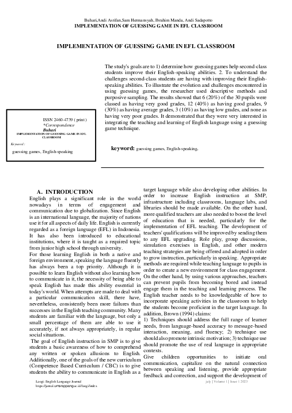 (PDF) IMPLEMENTATION OF GUESSING GAME IN EFL CLASSROOM