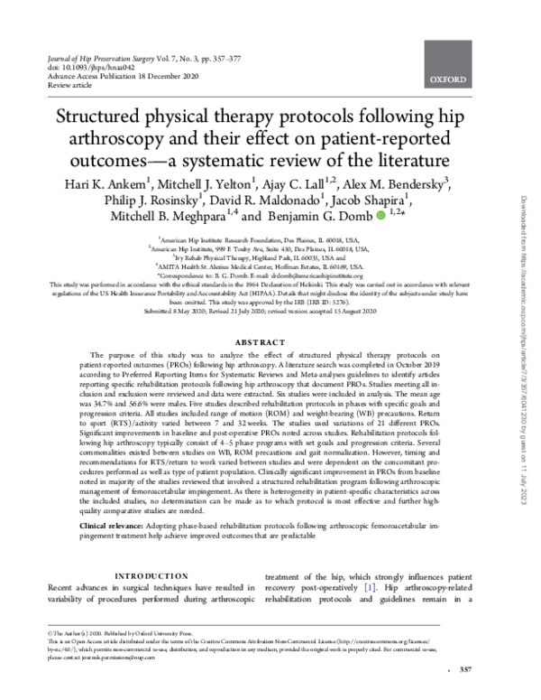 (PDF) Structured physical therapy protocols following hip arthroscopy ...