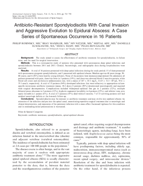 (PDF) Antibiotic-Resistant Spondylodiscitis With Canal Invasion and Aggressive Evolution to ...
