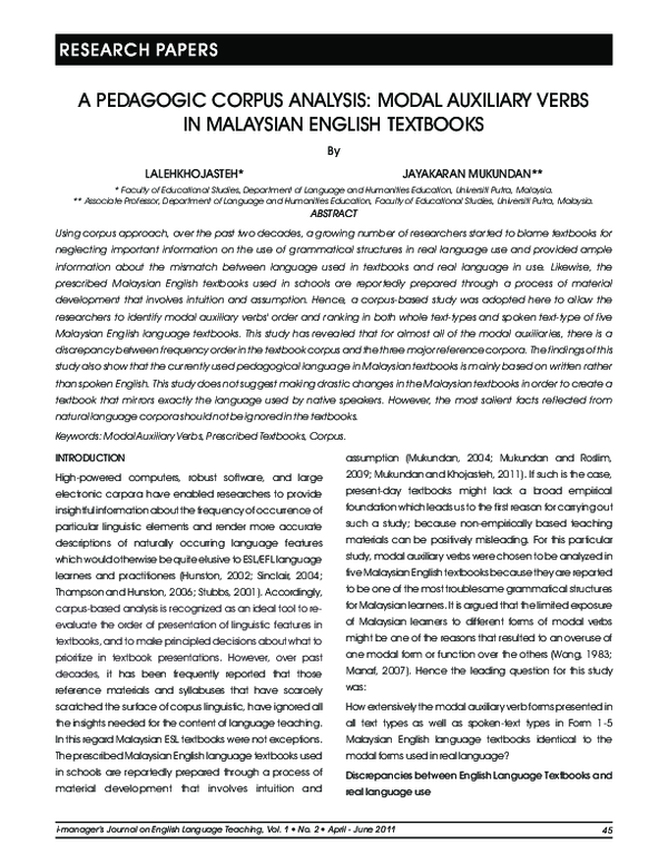Pdf A Pedagogic Corpus Analysis Modal Auxiliary Verbs In Malaysian English Textbooks