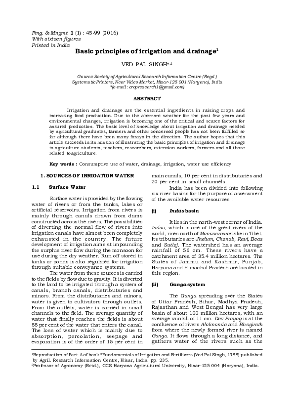 (PDF) Basic principles of irrigation and drainage 1