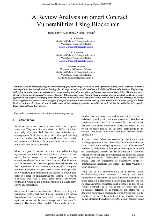 Pdf A Review Analysis On Smart Contract Vulnerabilities Using Blockchain