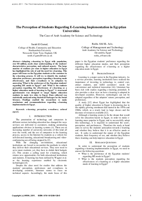 (PDF) The Perception of Students Regarding E-Learning Implementation in Egyptian Universities