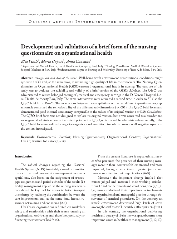(PDF) Nursing questionnaire on organizational health (QISO) in a short ...