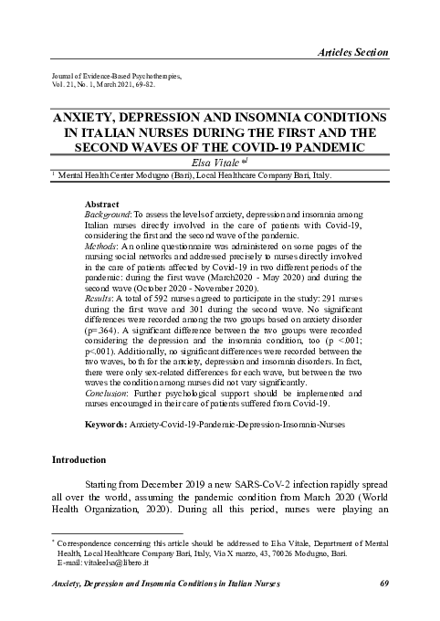 (PDF) Anxiety, Depression and Insomnia Conditions in Italian Nurses ...