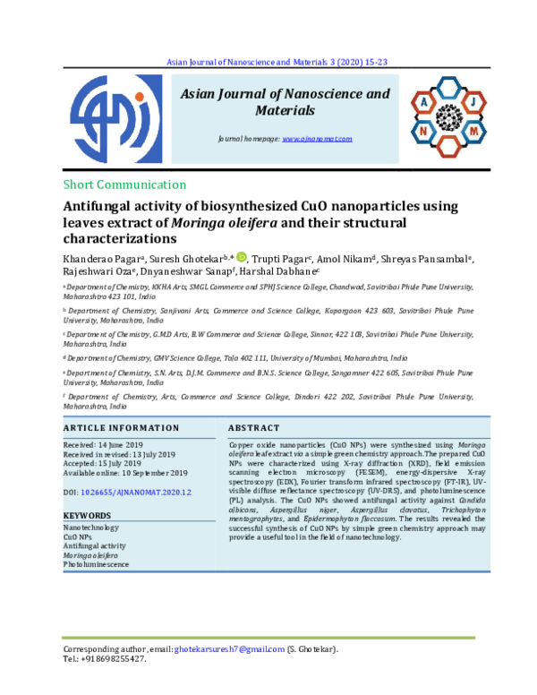 (PDF) Antifungal activity of biosynthesized CuO nanoparticles using leaves extract of Moringa ...