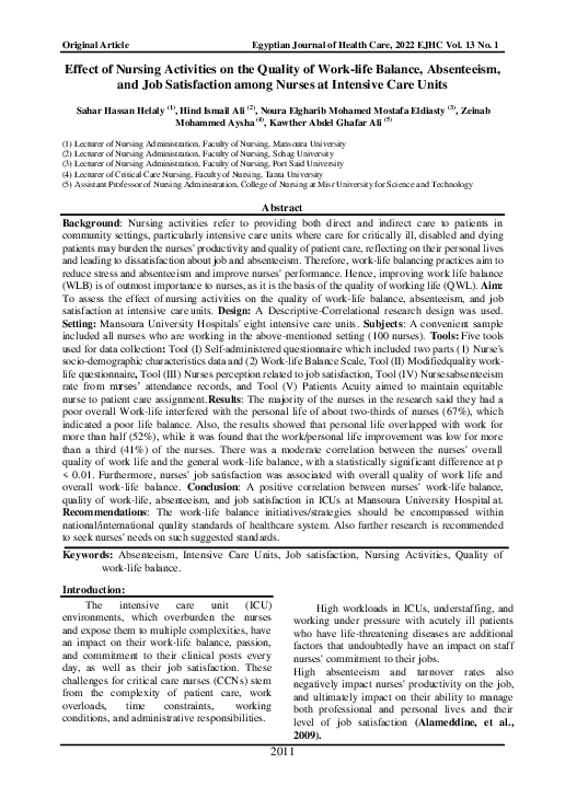 (PDF) Nursing Activities' Impact on Work-Life Balance