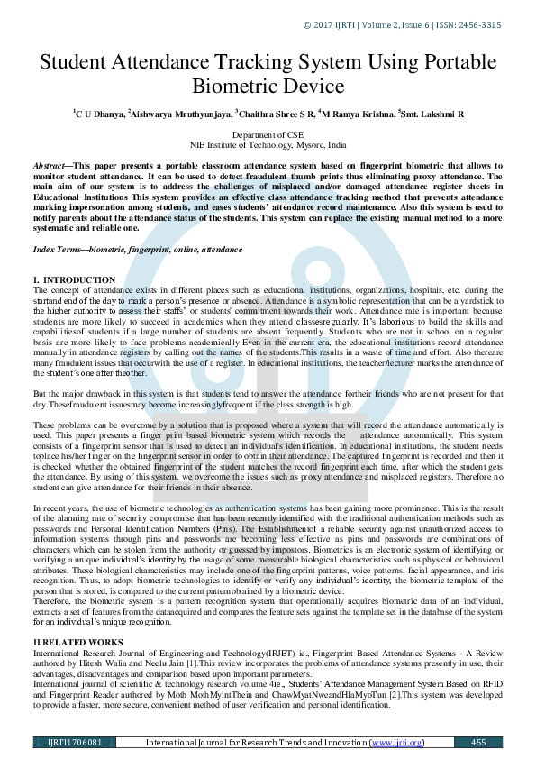 (PDF) Student Attendance Tracking System Using Portable Biometric Device