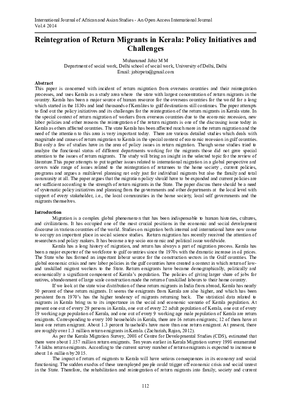 (PDF) Reintegration of Return Migrants in Kerala: Policy Initiatives and Challenges