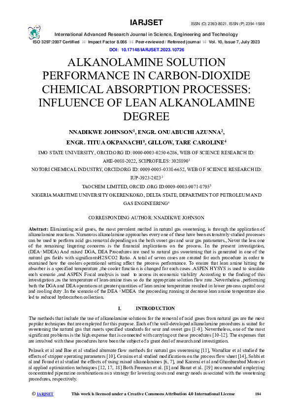 (PDF) ALKANOLAMINE SOLUTION PERFORMANCE IN CARBON-DIOXIDE CHEMICAL ...