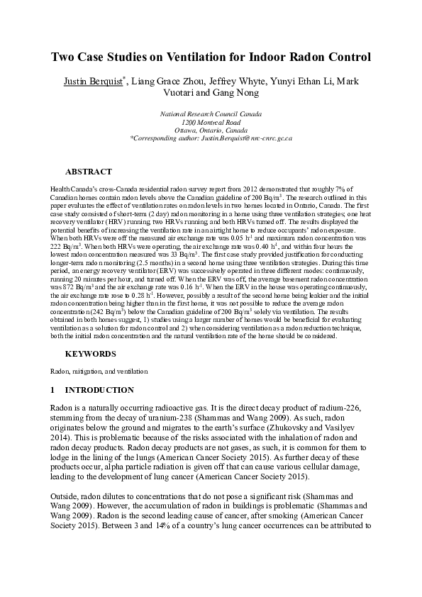 (PDF) Two Case Studies on Ventilation for Indoor Radon Control