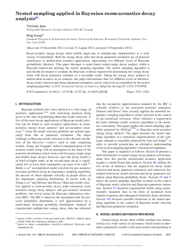 (PDF) Nested sampling applied in Bayesian room-acoustics decay analysis (PDF) Nested sampling applied in Bayesian room-acoustics decay analysis